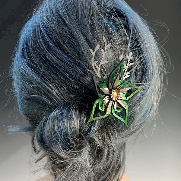 Hair Stick - Iridescent Vegan Leather Flower Wood Hair Accessory – Mohop