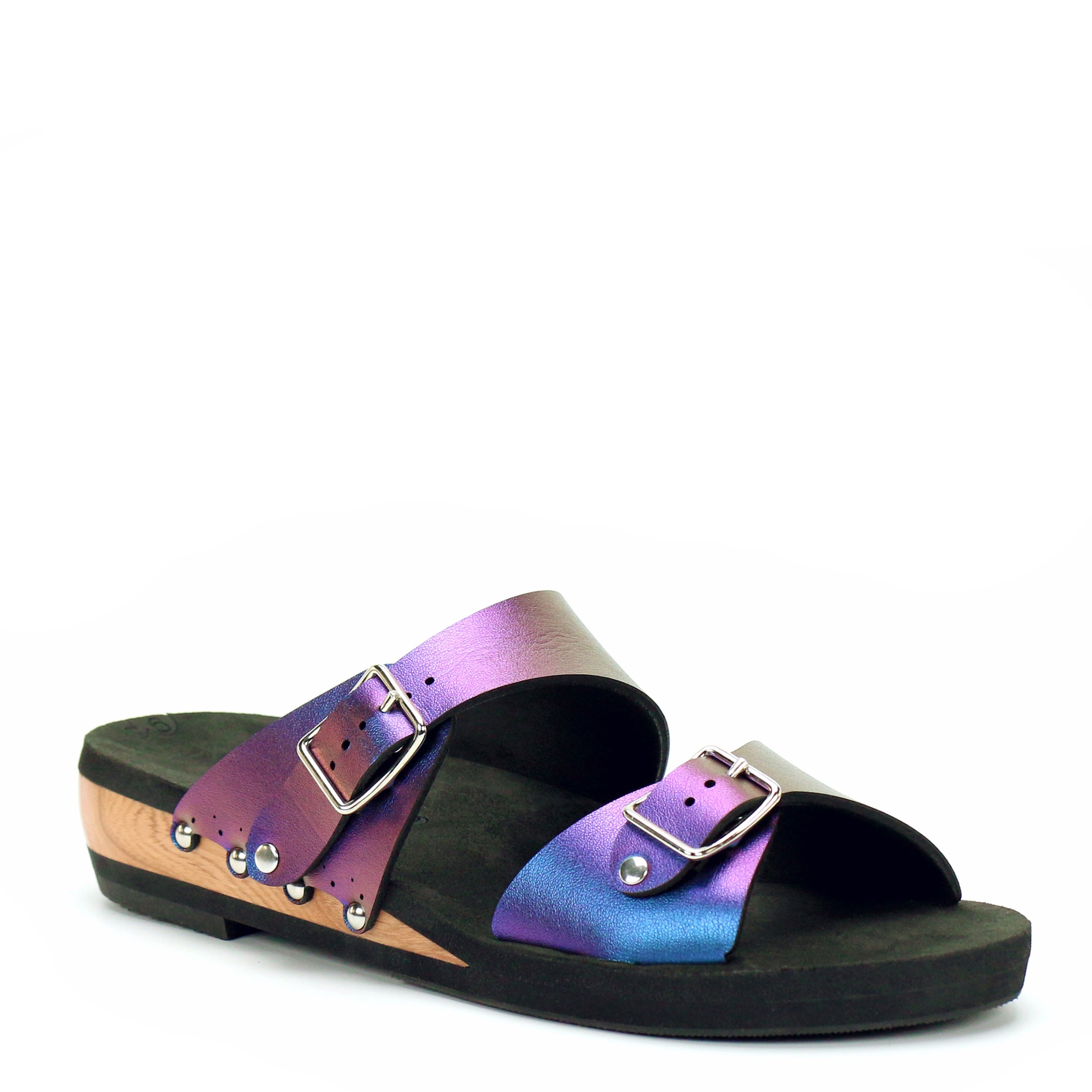 Low Wedge Buckle Toe Mule in Peacock - Vegan Sandals - Made in USA – Mohop