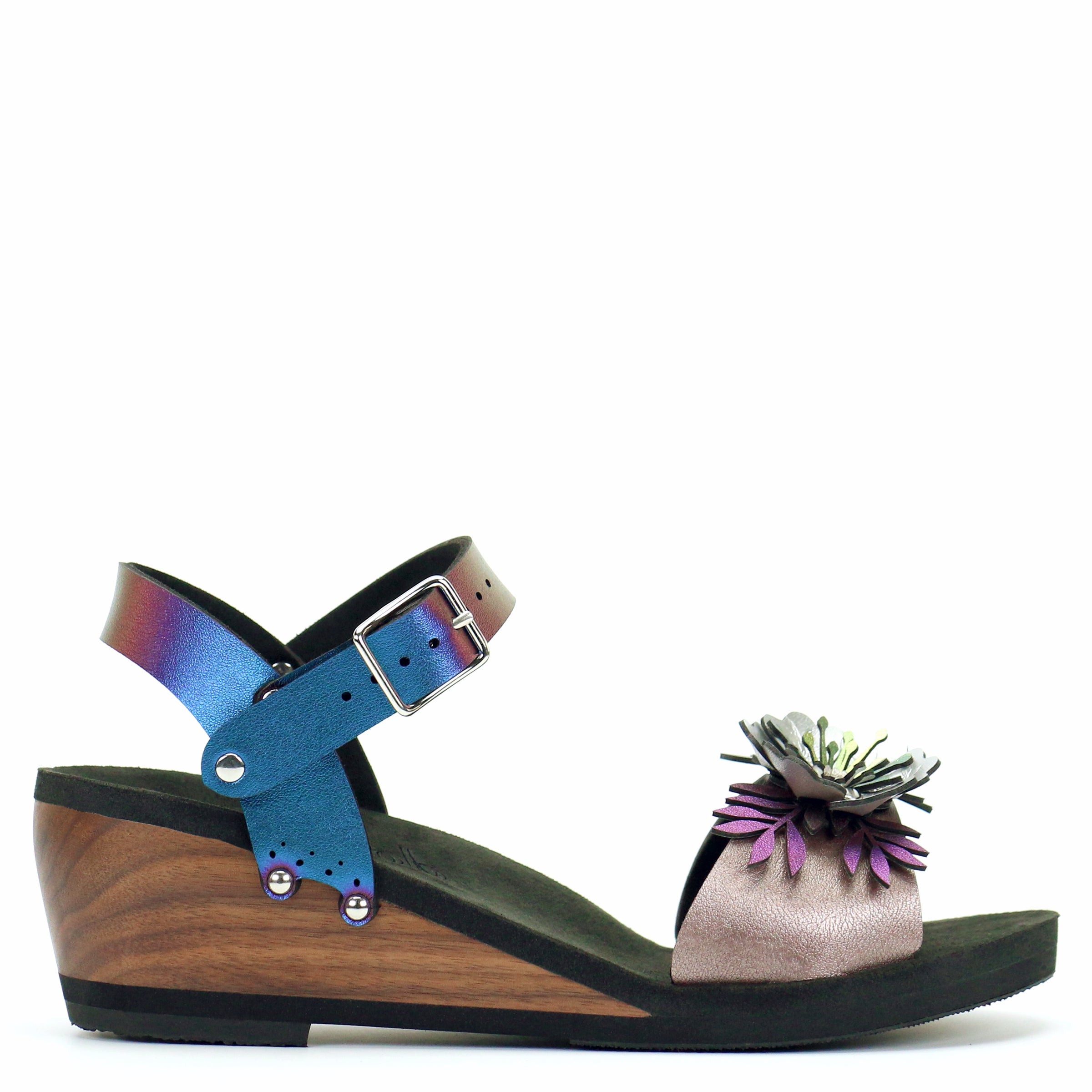 Mid Wedge Flower Toe Ankle in Rose and Peacock - Vegan - Made in USA ...