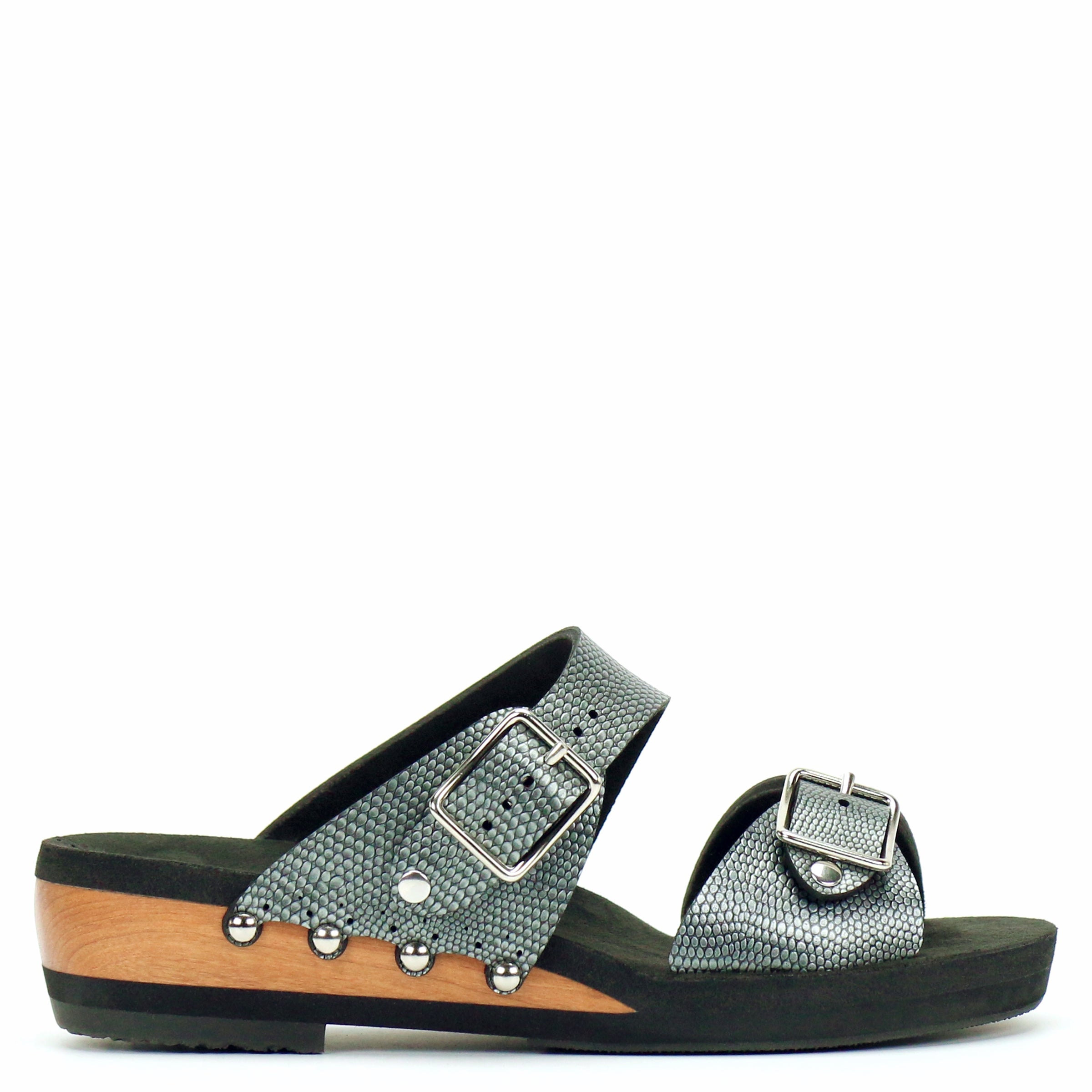 Low Wedge Buckle Toe Mule in Pewter - Vegan Sandals - Made in USA – Mohop