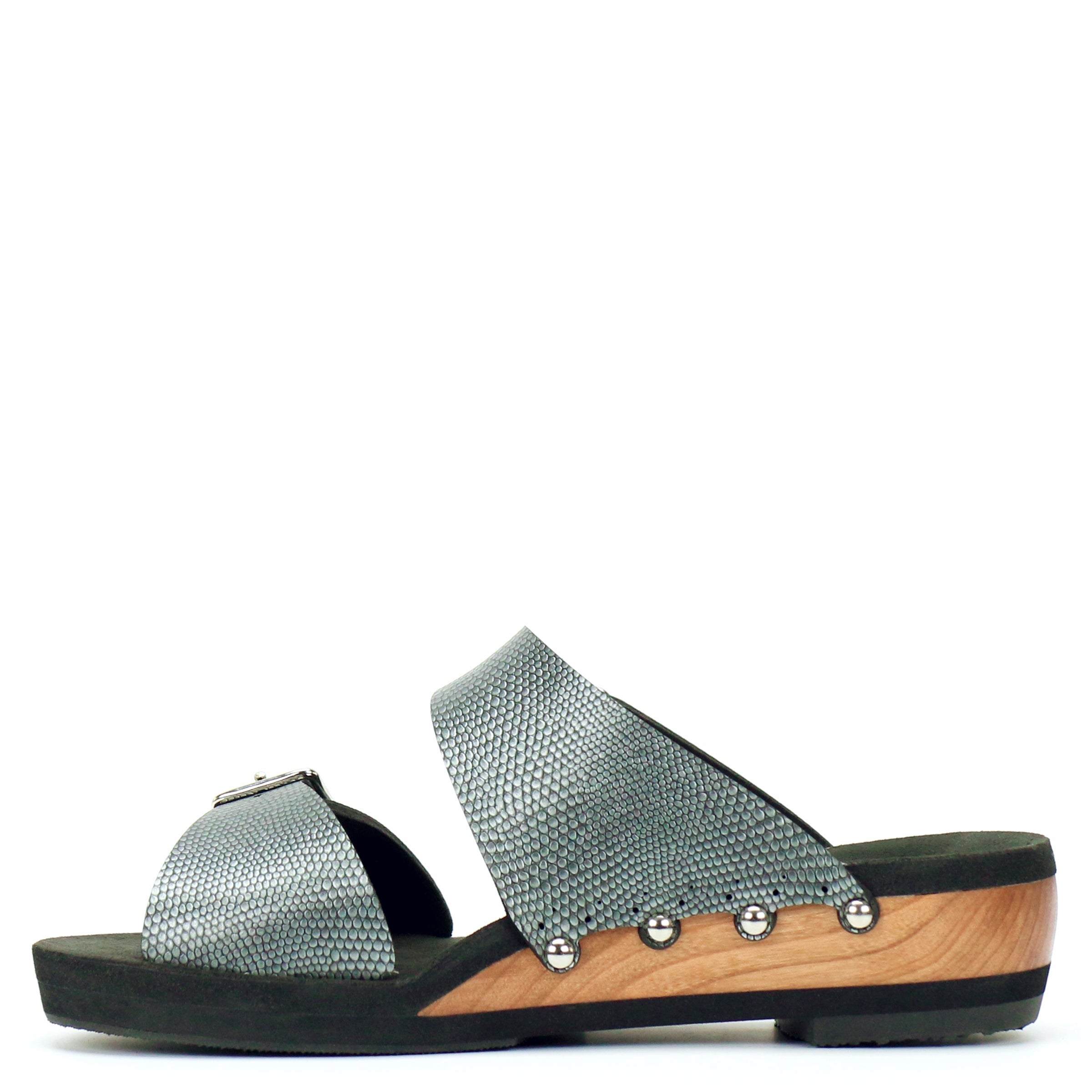 Low Wedge Buckle Toe Mule in Pewter - Vegan Sandals - Made in USA – Mohop