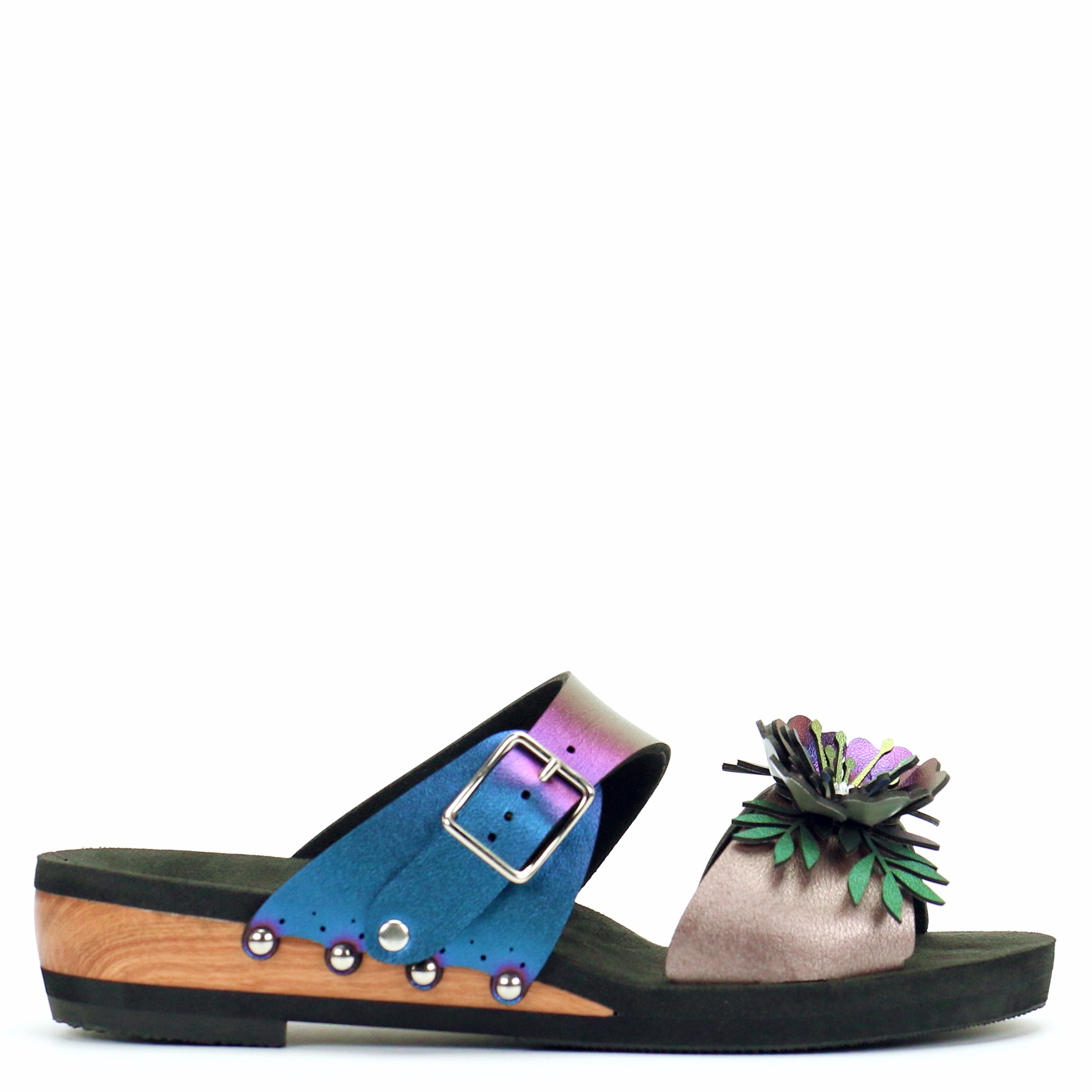 Low Wedge Flower Toe Mule in Rose and Peacock - Vegan - Made in USA – Mohop