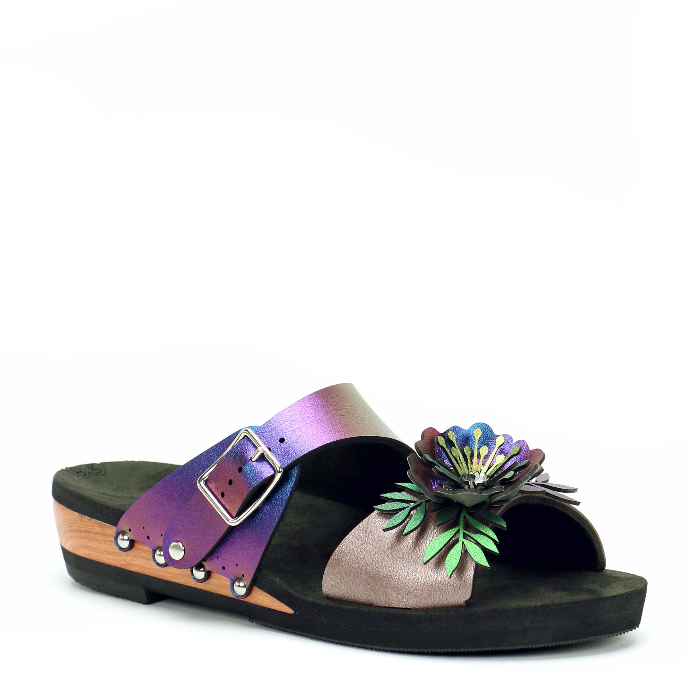 Low Wedge Flower Toe Mule in Rose and Peacock - Vegan - Made in USA – Mohop